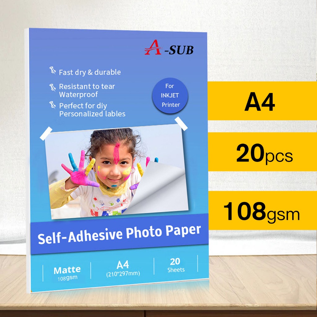 A-SUB 108gsm Matte Self-Adhesive Photo Sticker Paper A4 20sheets DIY ...