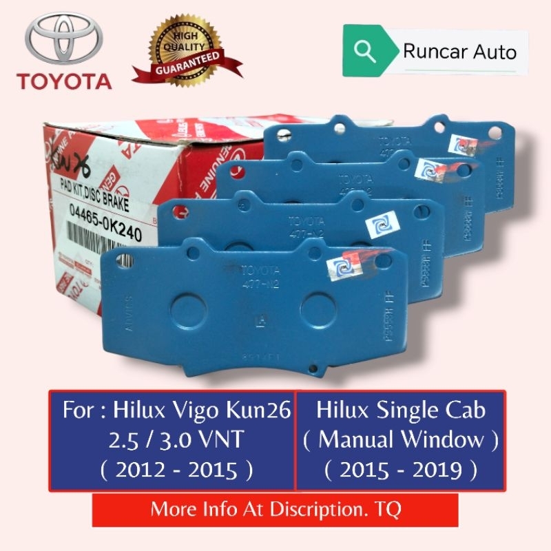 TOYOTA FRONT DISC BRAKE PADS • HILUX Vigo Kun26 2.5L & 3.0L/ GUN125 2 ...