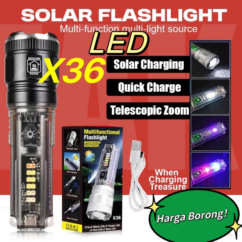 Multifunctional Flashlight X36 Transparent Torchlight with Type c Solar ...