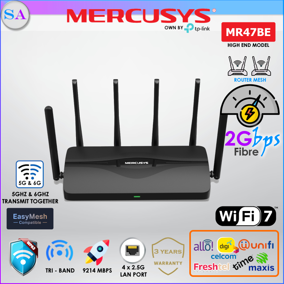 Mercusys MR47BE BE9300 WiFi 7 Wireless Tri Band EasyMesh Gigabit Router ...