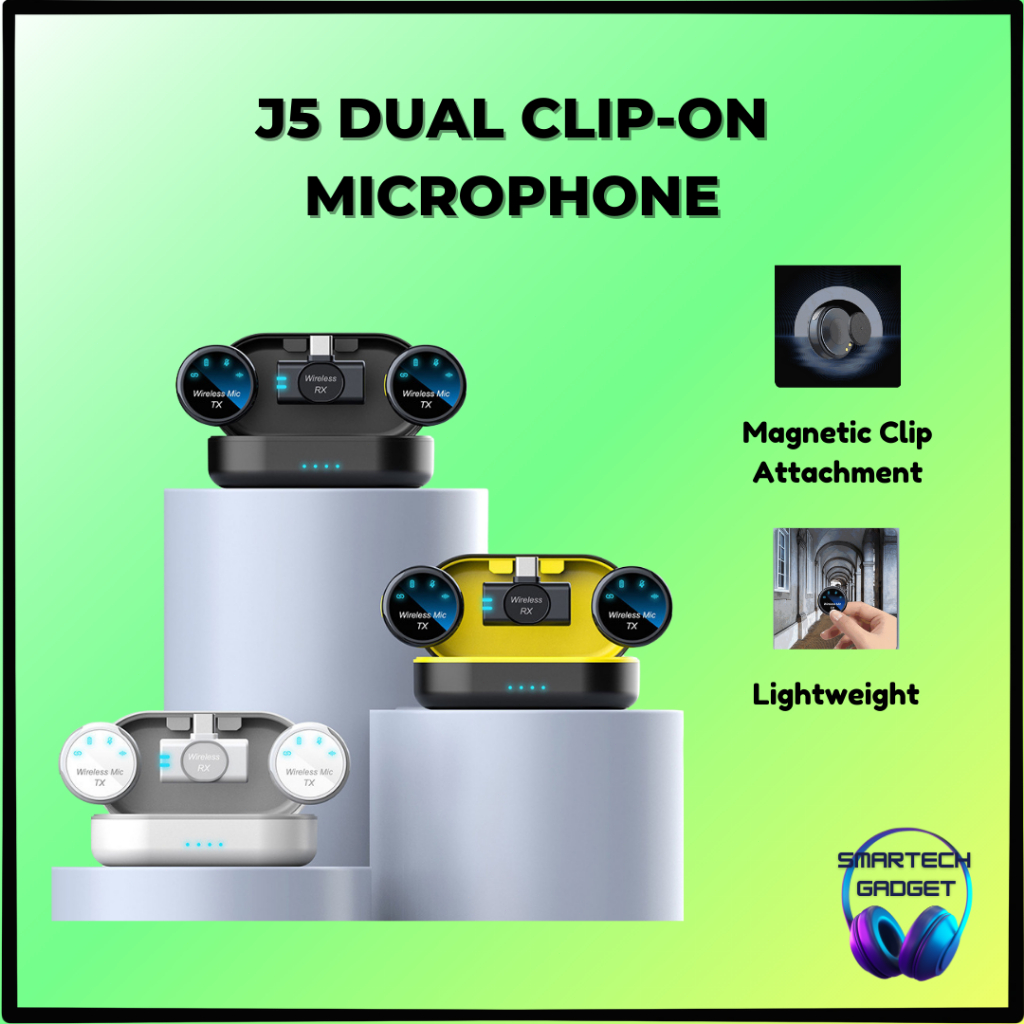 J5 Mini Wireless Magnetic Clip-On Dual Microphone with Round Charging ...