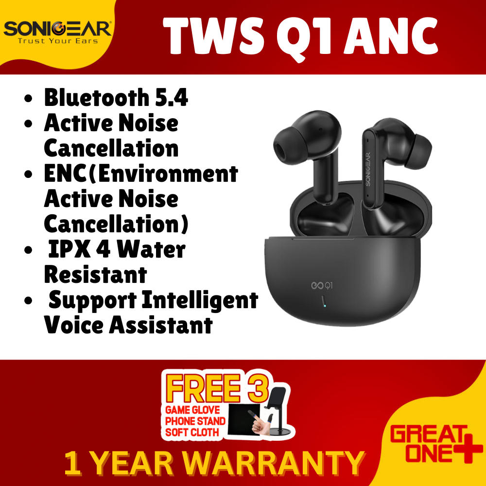 SonicGear TWS Q1 ANC Bluetooth 5.4 Wireless Earbuds with IPX 4 Splash Proof | Shopee Malaysia