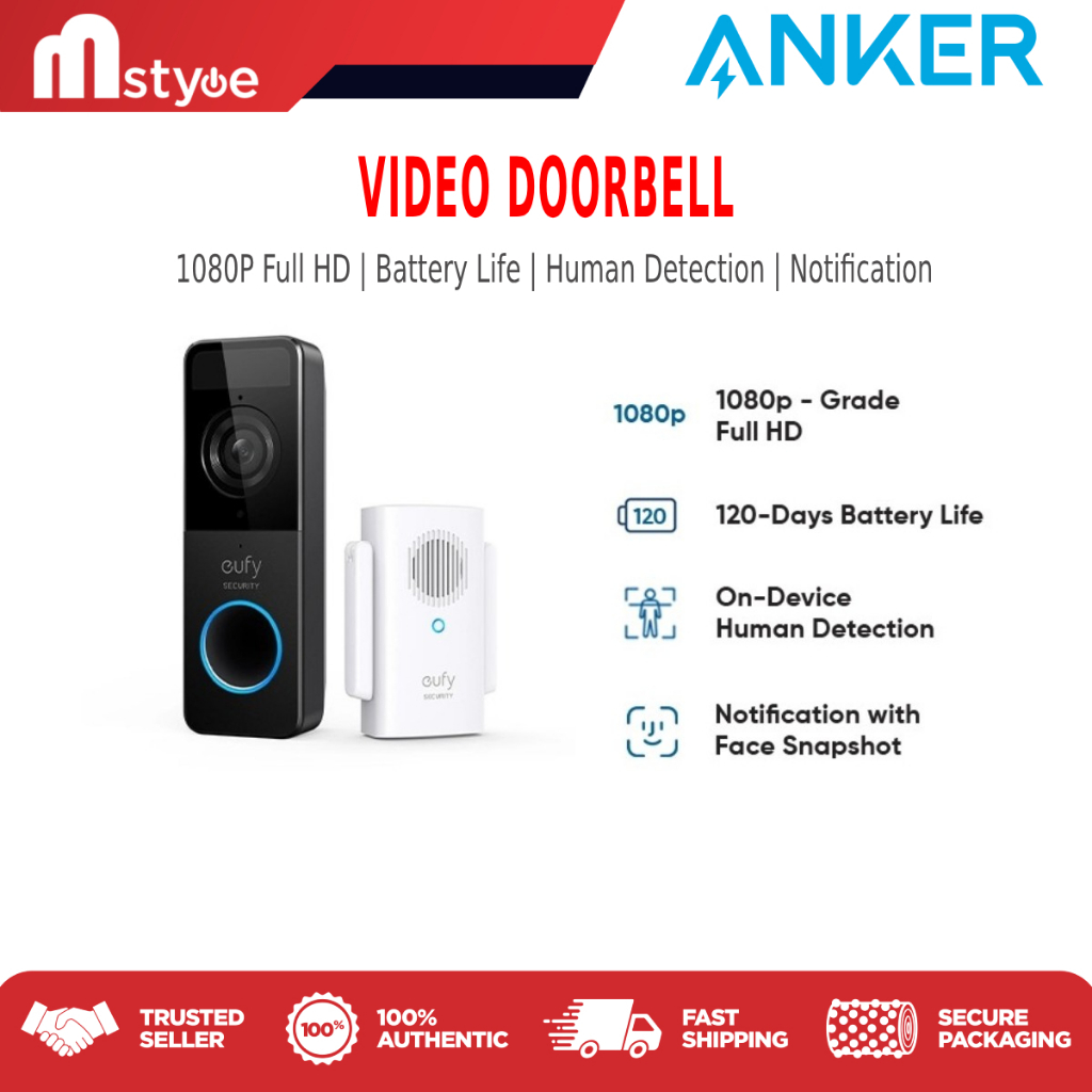 Eufy By Anker S200 Wi-Fi Video Doorbell with Wireless Chime, 1080p ...