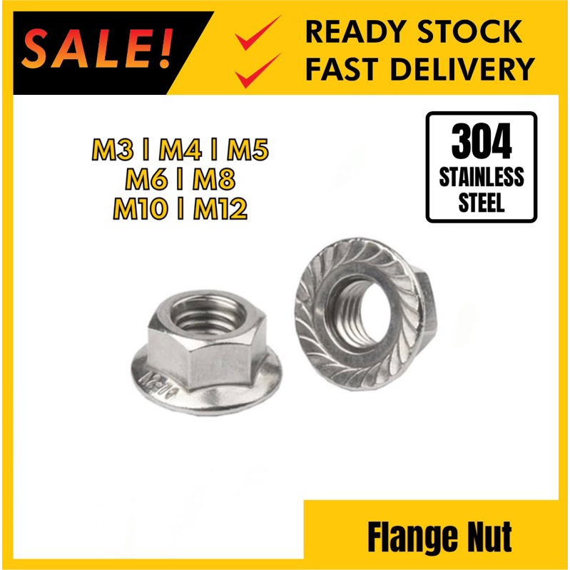 Flange Nut 304 Stainless Steel M3 M4 M5 M6 M8 M10 M12 DIN6923 Hexagon Hex Nut | Shopee Malaysia