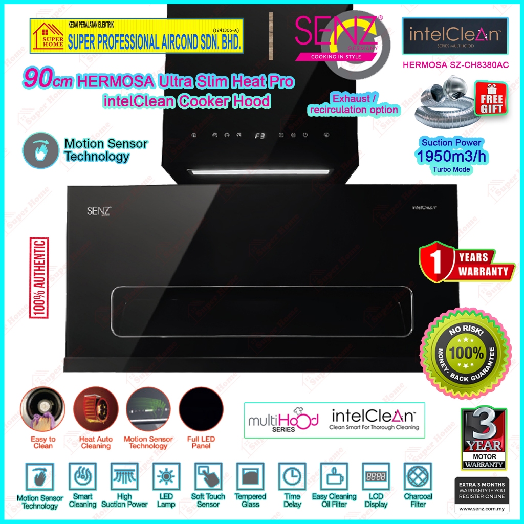 SENZ Kitchen Hood HERMOSA SZ-CH8380AC Ultra Slim Heat Pro intelClean ...
