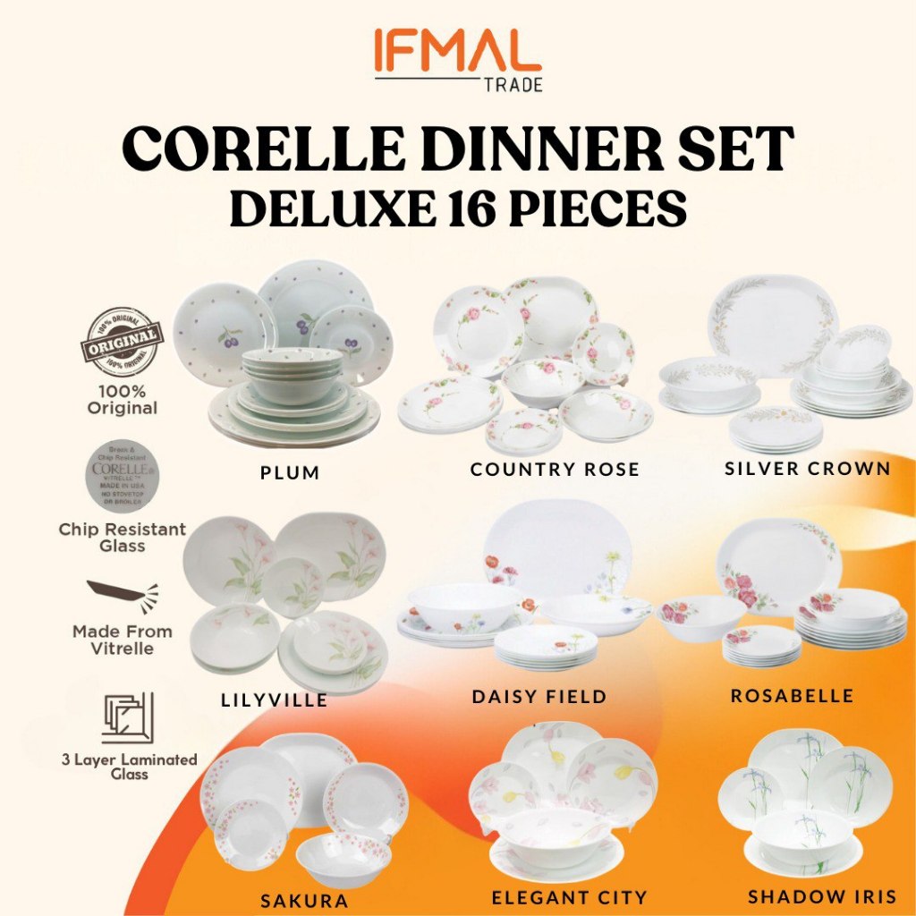 Corelle Deluxe 16pc Dinner Set | Set Pinggan Mangkuk Corelle | Silver ...
