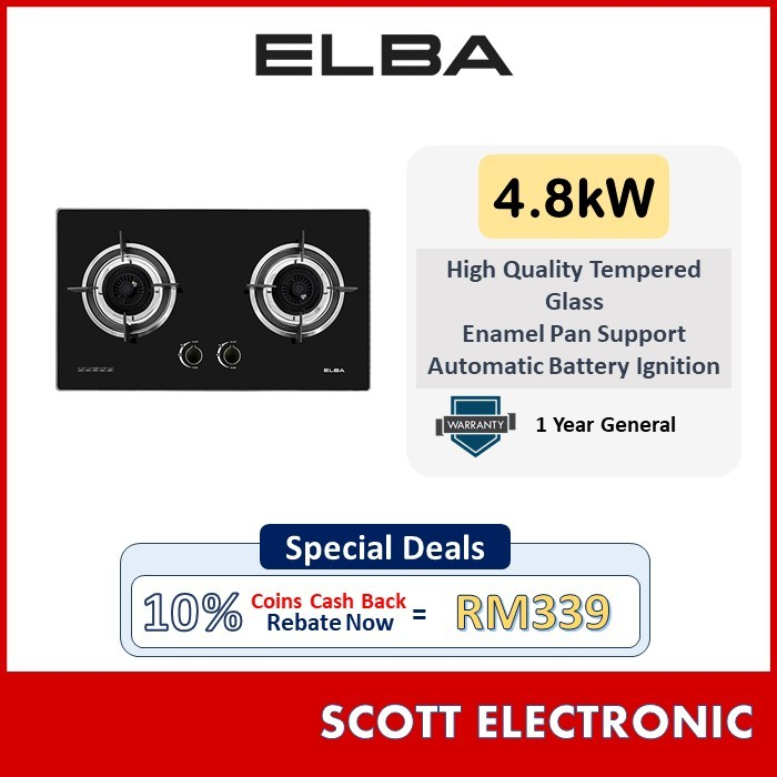 (FLEXI)ELBA 2 Burners Glass Stove EGH-M8442G(BK) - High Quality Tempered Glass, Black (4.8kW ...