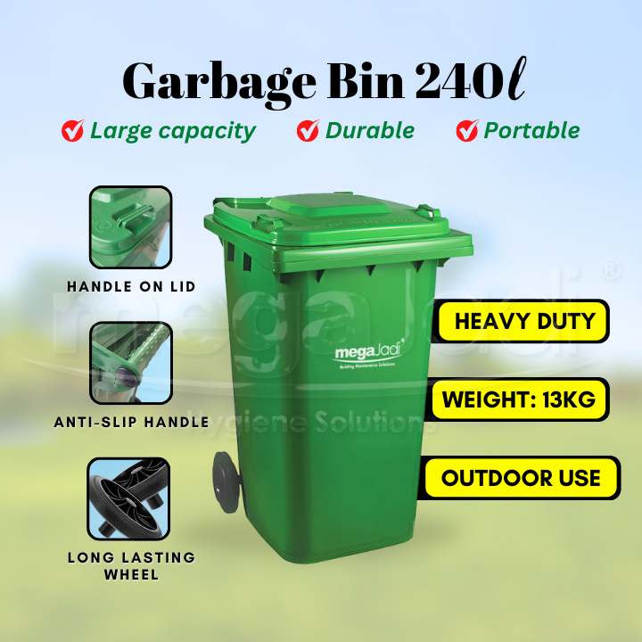 【240L】Tong Sampah Hijau Besar Beroda Serbaguna Murah Mobile Garbage Bin ...
