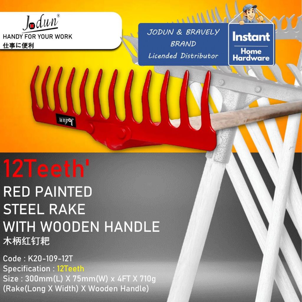 JODUN BRAND 12-TEETH Light Duty Red Painted Steel Rake With Wooden ...