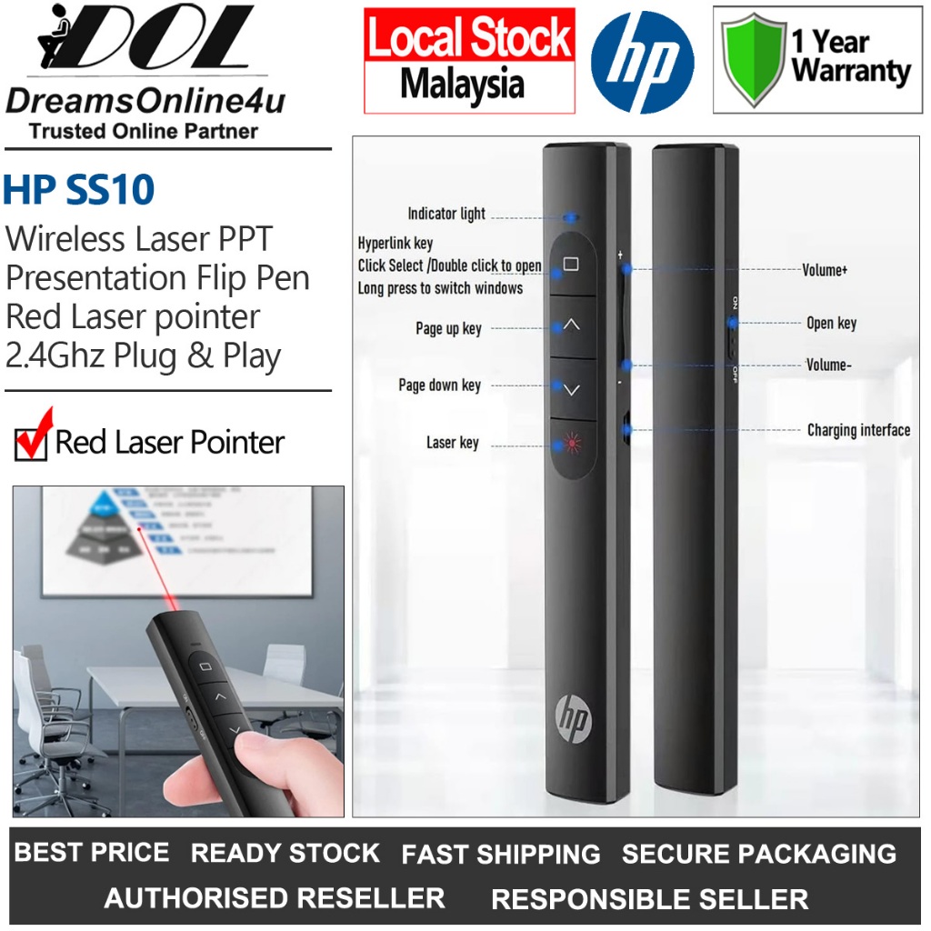 HP SS10 USB 2.4Ghz Plug & Play Wireless Power Point PPT Flip Pen Presenter Red Laser Pointer ...
