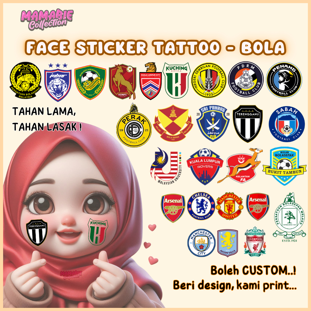 Face Sticker Bola Tattoo waterproof Tahan lasak Bola Sepak Stiker Muka ...