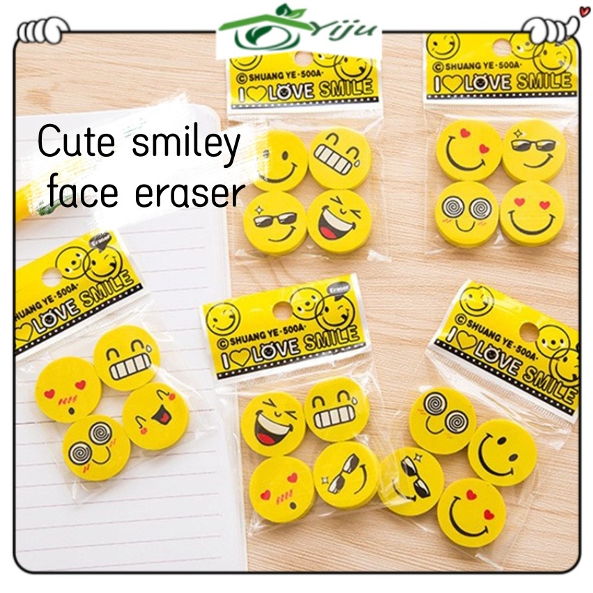 [4pcs/pack] Cute Smiley Face Eraser for Kids School Pencil Eraser ...