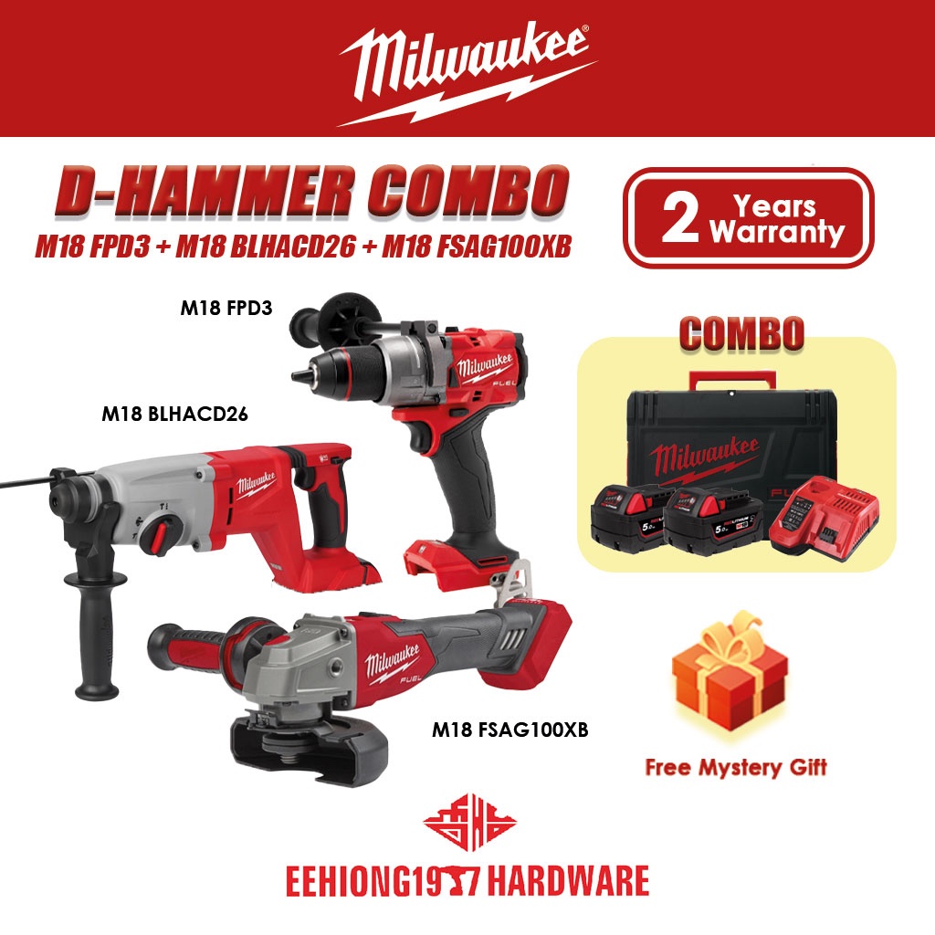 MILWAUKEE D-Hammer Combo M18 FPD3 Percussion Drill M18 FSAG100XB ...