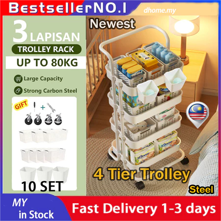 Kitchen Trolley Full Set 3/4 tier Rolling Utility Cart Bedroom Storage ...