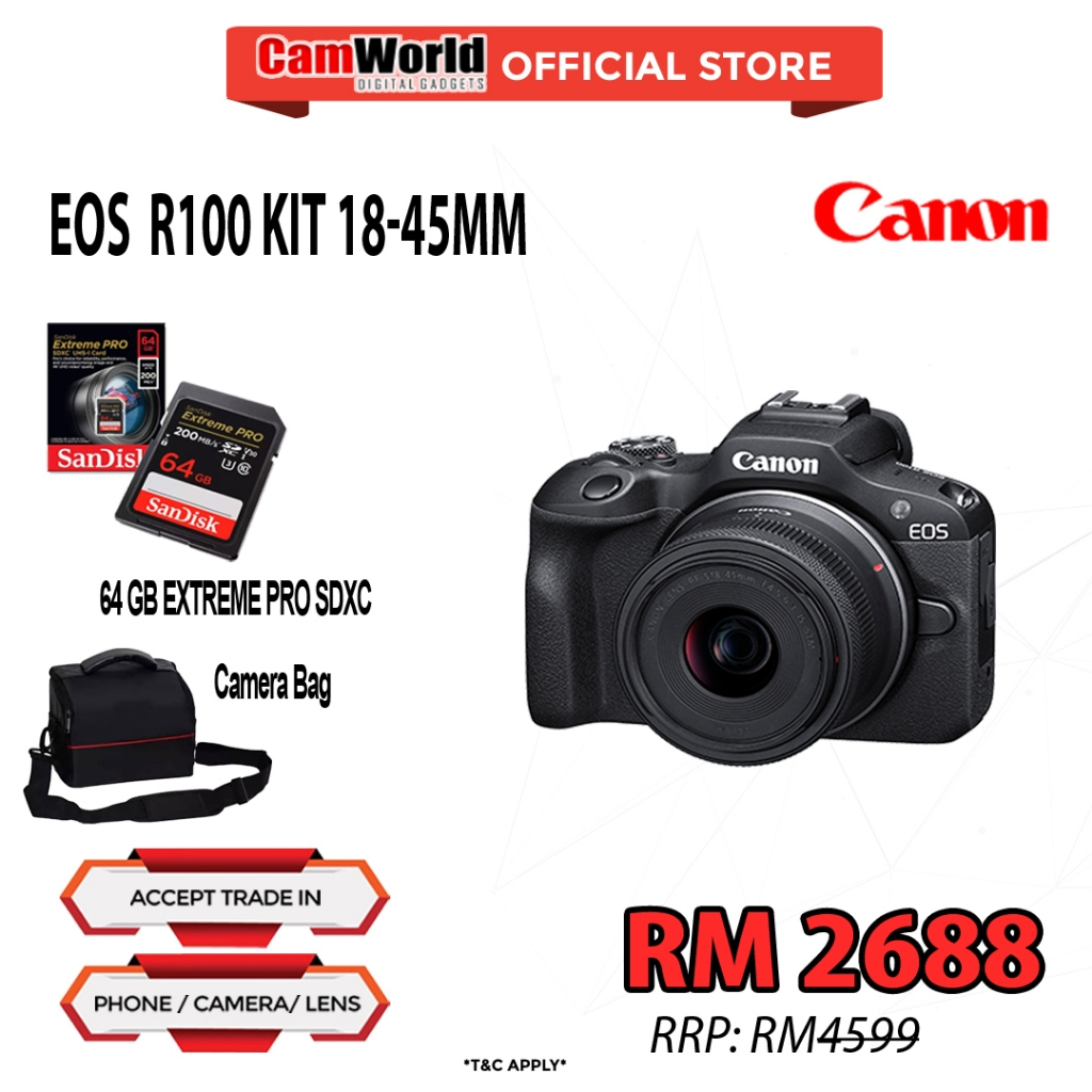 CANON EOS R100 KIT 18-45MM With Card & Beg (CANON MALAYSIA) | Shopee ...