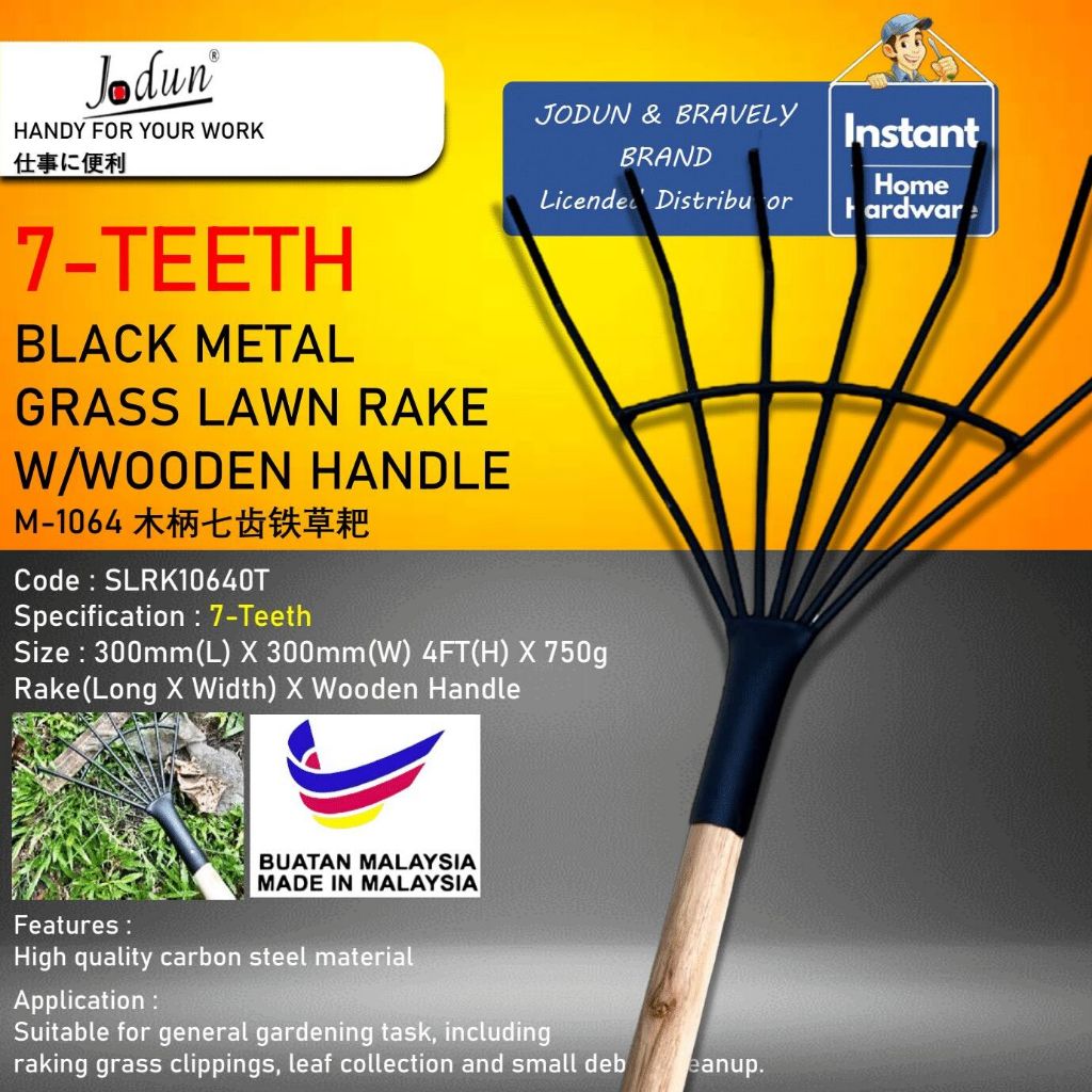 JODUN BRAND 7-Teeth Black Metal Grass Lawn Rake W/Wooden Handle For ...