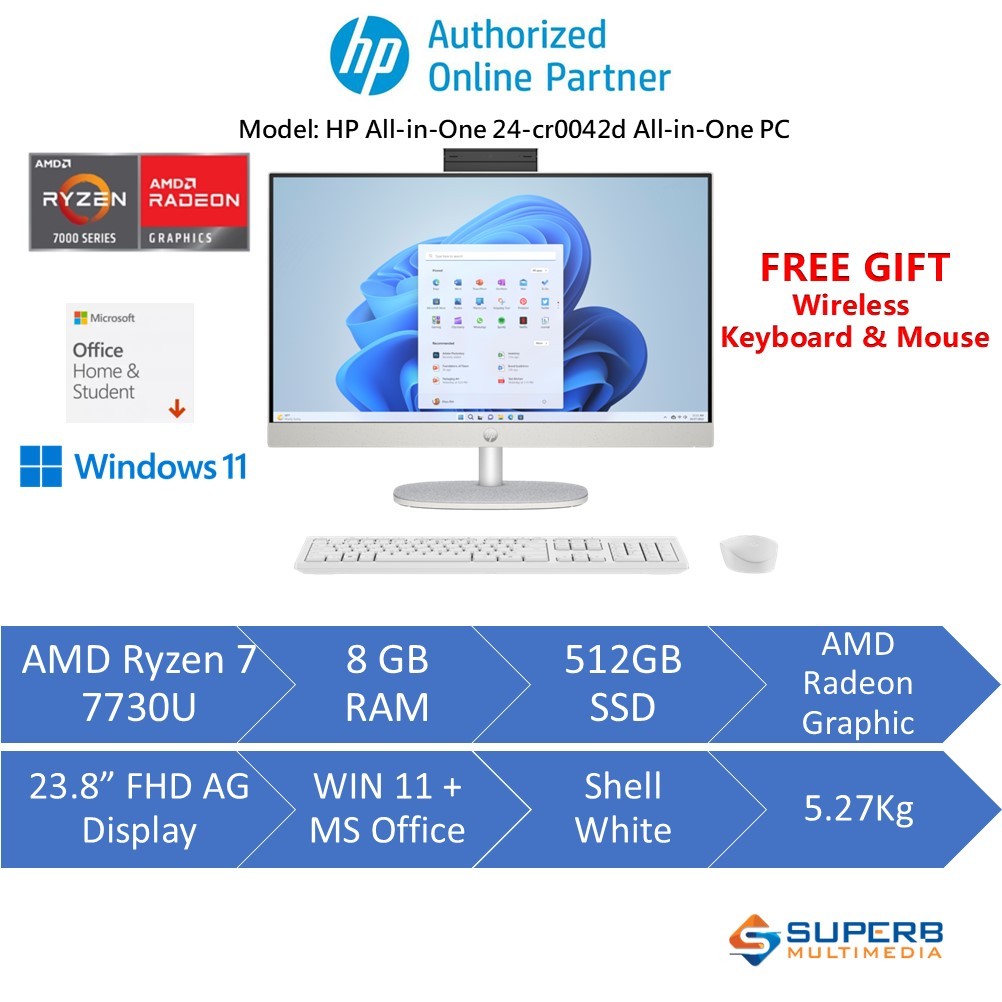 HP 24-cr0042d All-in-One Desktop PC (AMD R7 7730U/8GB RAM/512GB SSD/AMD ...