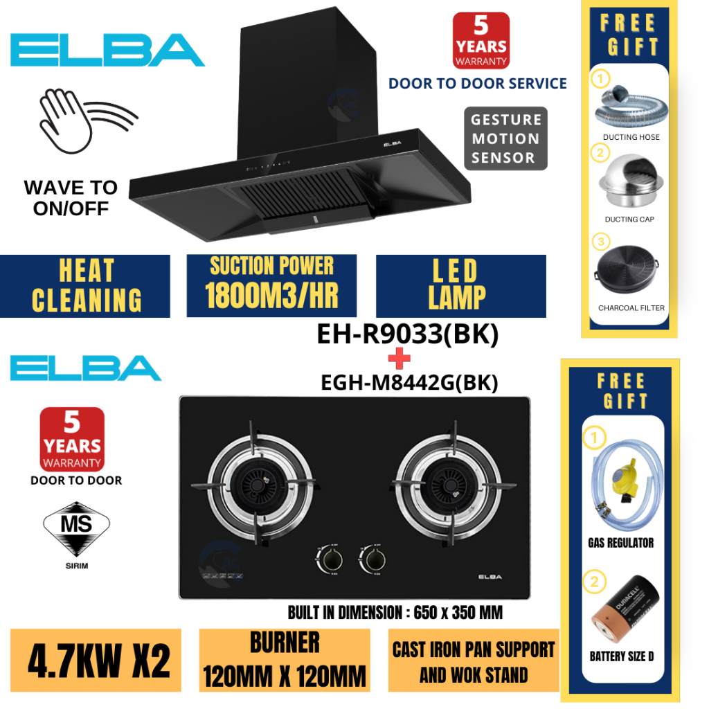 ELBA 1800m³/h Designer Hood EH-R9033(BK) with Heat Cleaning Technology ...