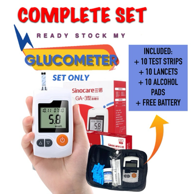 【COMPLETE SET 10】Blood Glucose Meter Glucometer + 10 Strips + 10 ...