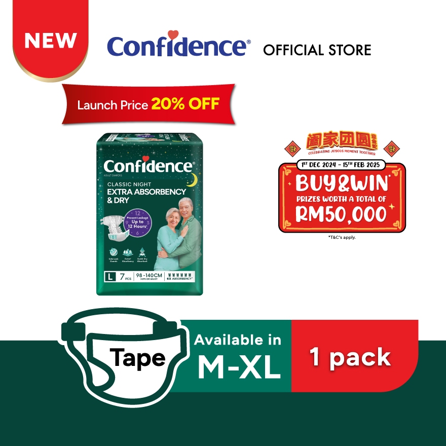 Confidence Classic Night Tape Adult Diaper M8/ L7/ XL6 (1 Pack)- Incontinence Diaper up to 12 ...