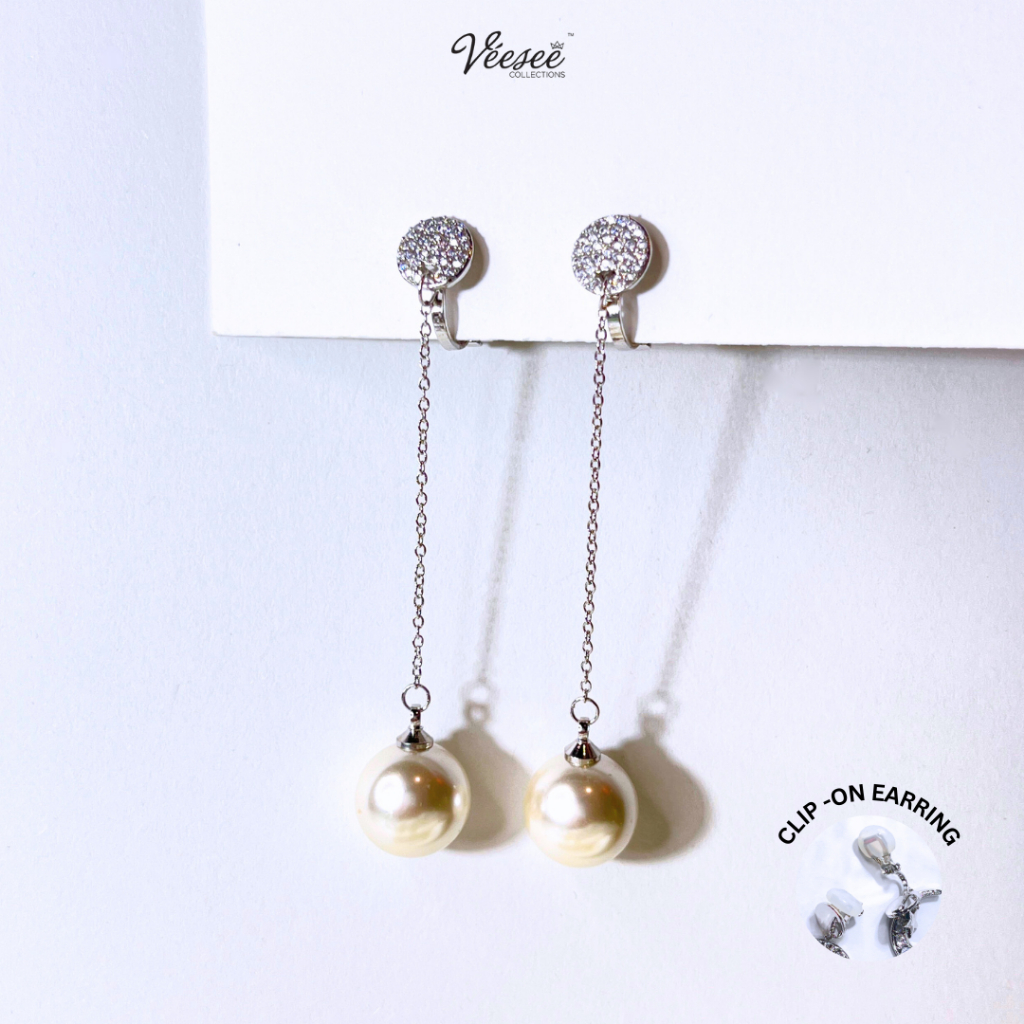 Veesee Clip On Earring S925 Elegant Korean Silver Chain With Pearl Long ...