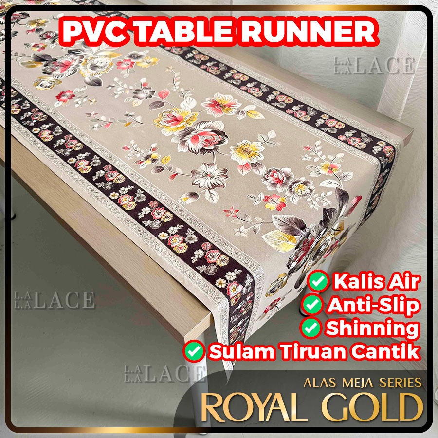 PVC Alas Meja Runner / Table Runner Kopi Royal Gold Table Cloth Waterproof Plastik 468 Kerusi ...