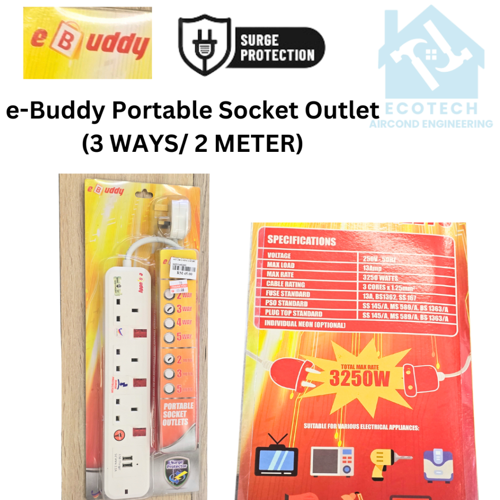 e-Buddy Portable Socket Outlet (3 WAYS/ 2 METER) | Shopee Malaysia