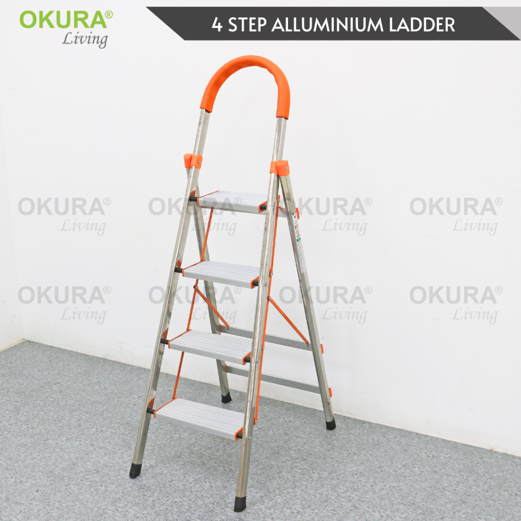 OKURA Aluminium Single Sided Ladder 4 Step Multipurpose Household ...