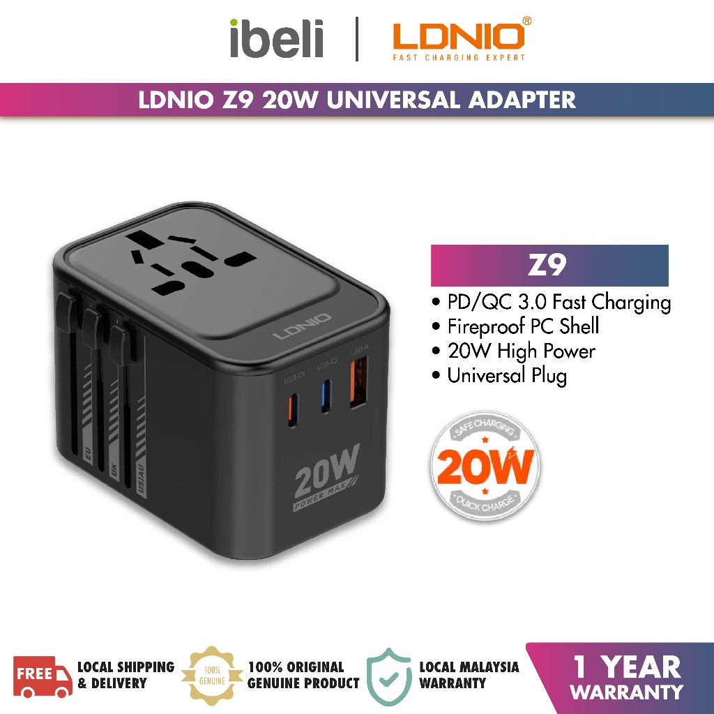 LDNIO Z9 20W Universal Adapter GAN Outlets Power Strip Travel Adapter ...