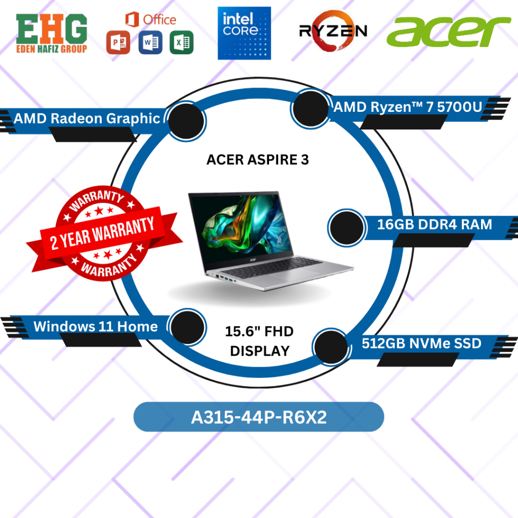 Acer Aspire 3 A315-44P-R6X2 Laptop Ryzen 7 5700U/16GB/512GB SSD/ATI/W11/15.6"/OFFICE HOME ...