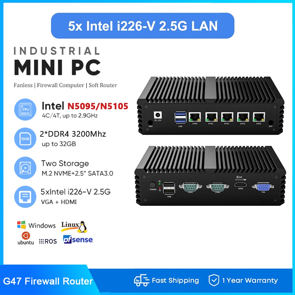 G47 5x Intel i226-V 2.5G LAN Fanless Mini PC Intel N5105 Soft Router DP ...