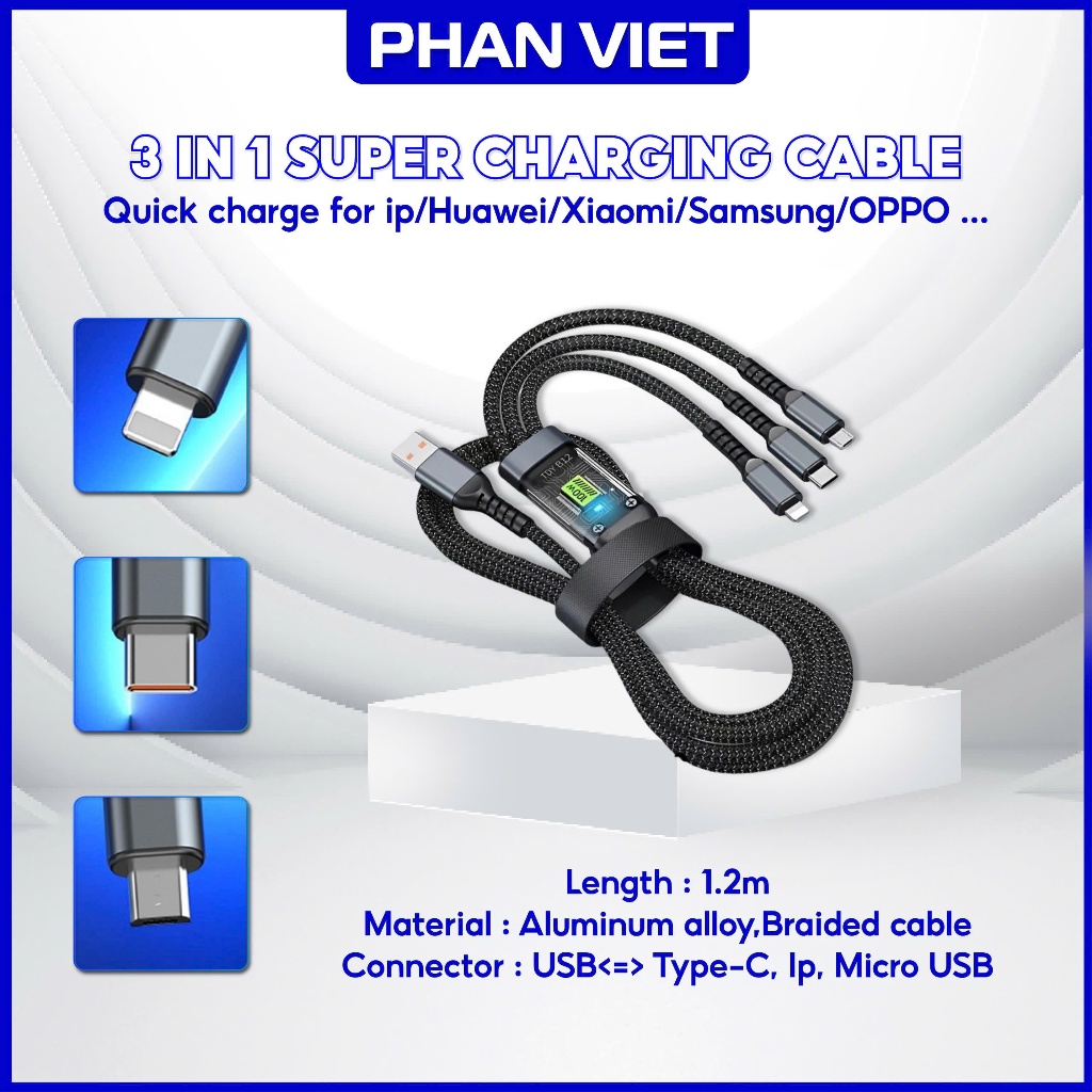 100W 3 in 1 Super Charging Cable 6A Micro USB Type C Fast Charger Type ...