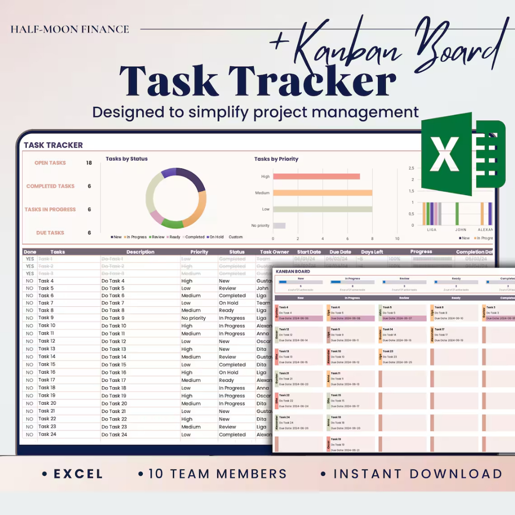 Excel Task Tracker with Kanban Board Template, Team Project Management, Employee Task List, To ...
