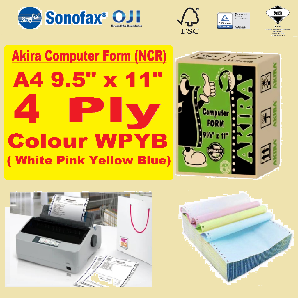 Sonoform AKIRA 4ply Colour WPYB Computer Form A4 9.5" x 11" NCR for Dot ...