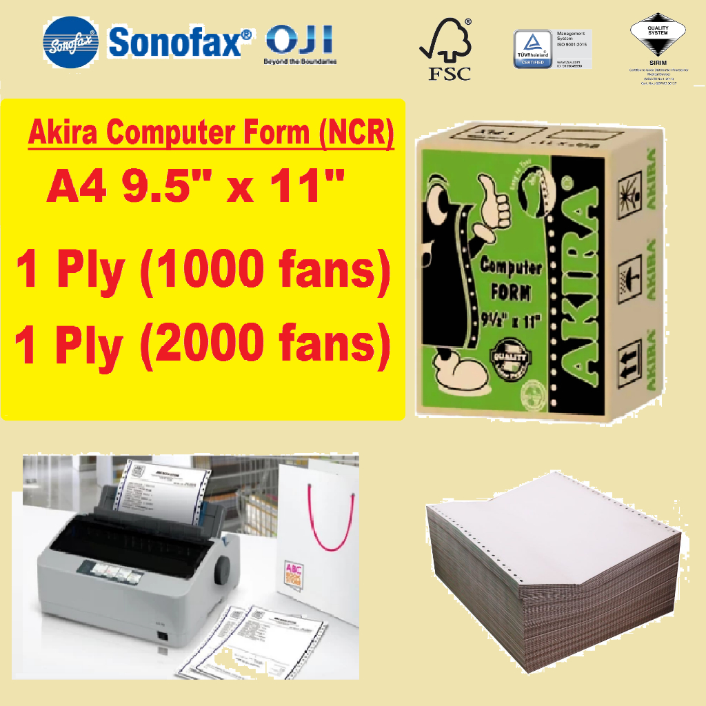 Sonoform AKIRA A4 9.5" x 11" 1 Ply NCR Computer Form for Dot Matrix ...