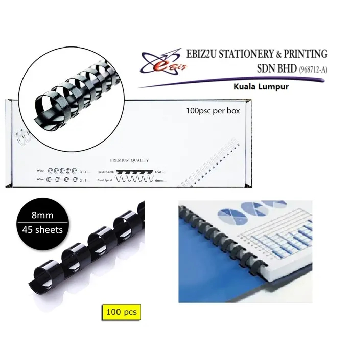 M-Bind Plastic Binding Comb - 8mm x 21 Ring, 100pcs/box, Black | Shopee ...
