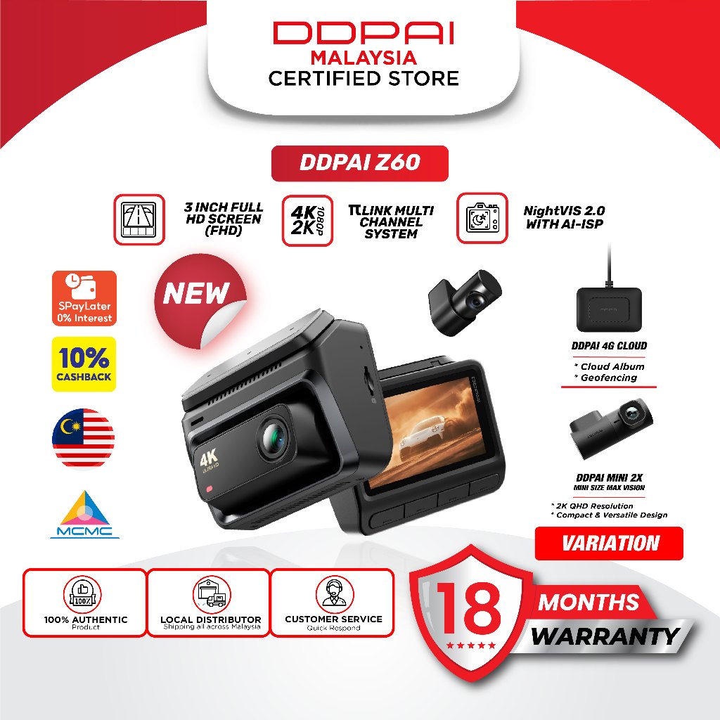 DDPAI Z60 Dual 4K Ultra HD GPS 3 Channel Front & Rear Super Capacitor ...