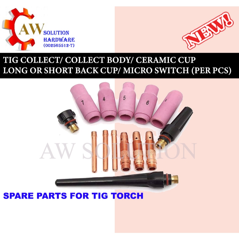 TIG COLLET/COLLET BODY/CERAMIC CUP/LONG OR SHORT BACK CAP/MICRO SWITCH ...