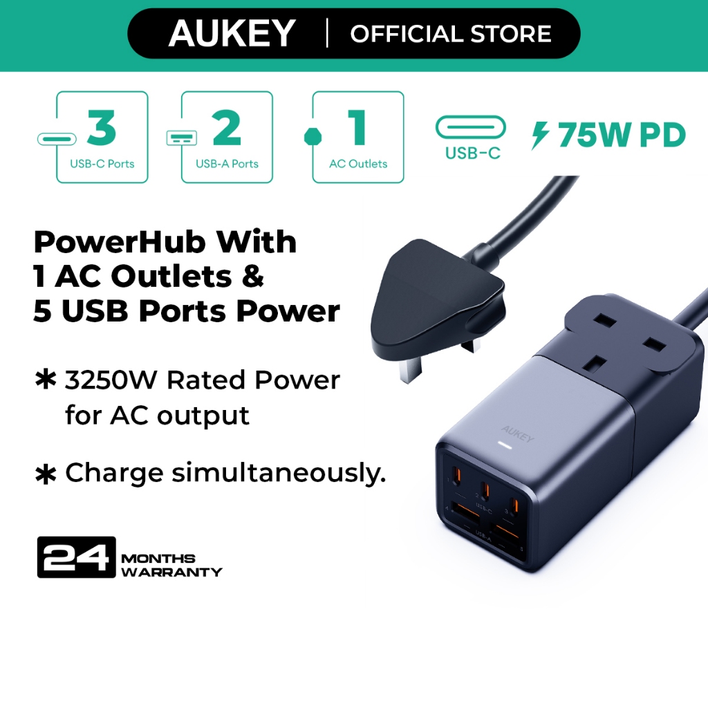Aukey PU-A3 75W PowerHub With 1 AC Outlets & 5 USB Ports Power Strip ...