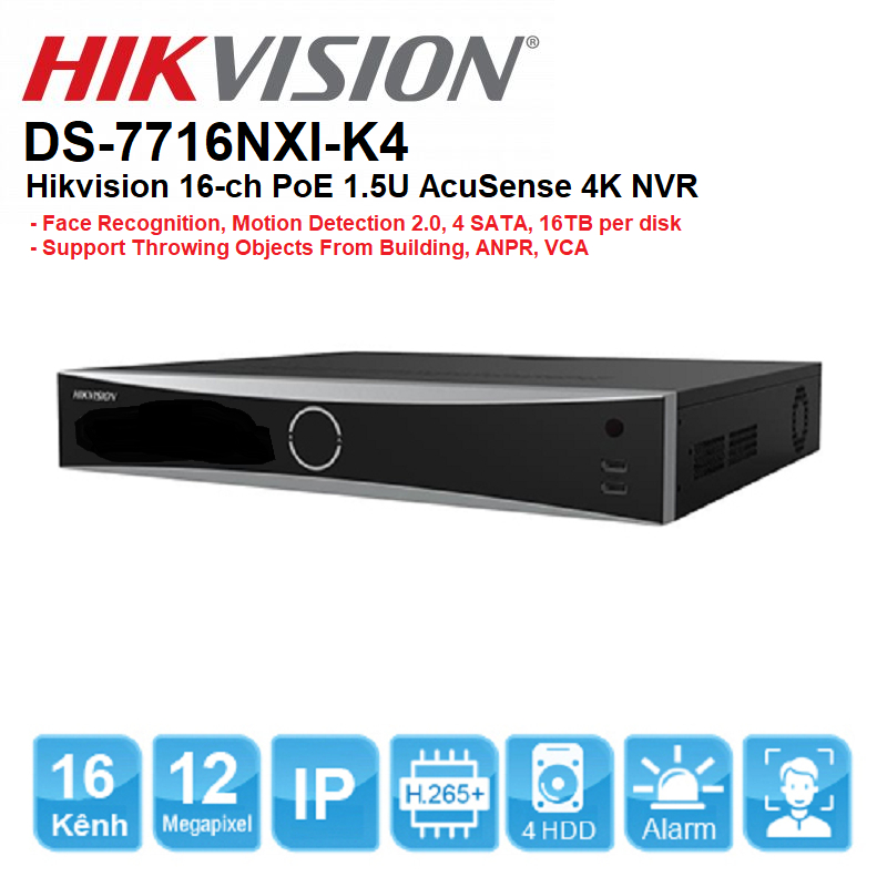 Hikvision DS-7716NXI-K4 16-ch PoE 1.5U AcuSense 4K NVR - 16 Channel Hikvision Acusense NVR ...