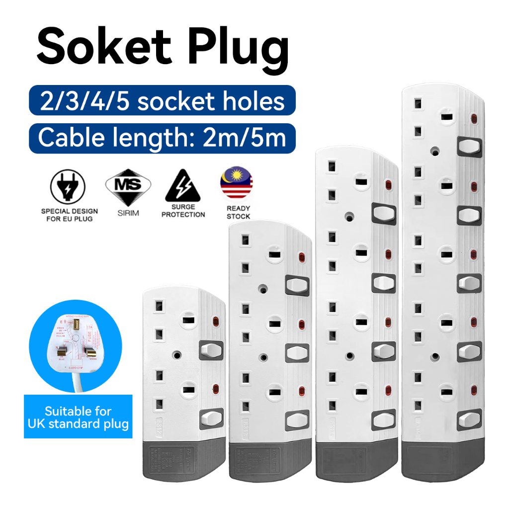 2 / 3 / 4 / 5 Gang SIRIM 5M Heavy Light Duty Extension Trailing Socket ...