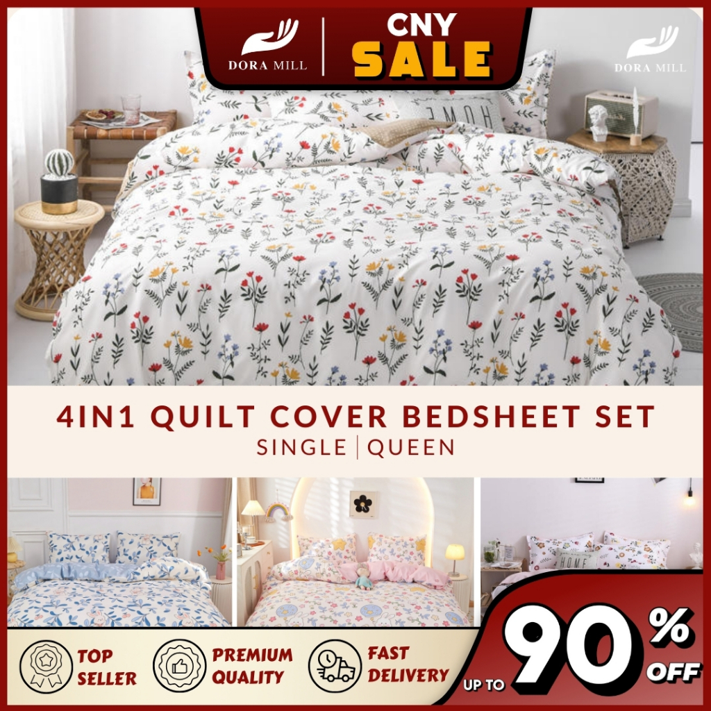 DORAMILL Floral Quilt Cover Bedsheet Set Sarung Comforter 1200TC Flower ...