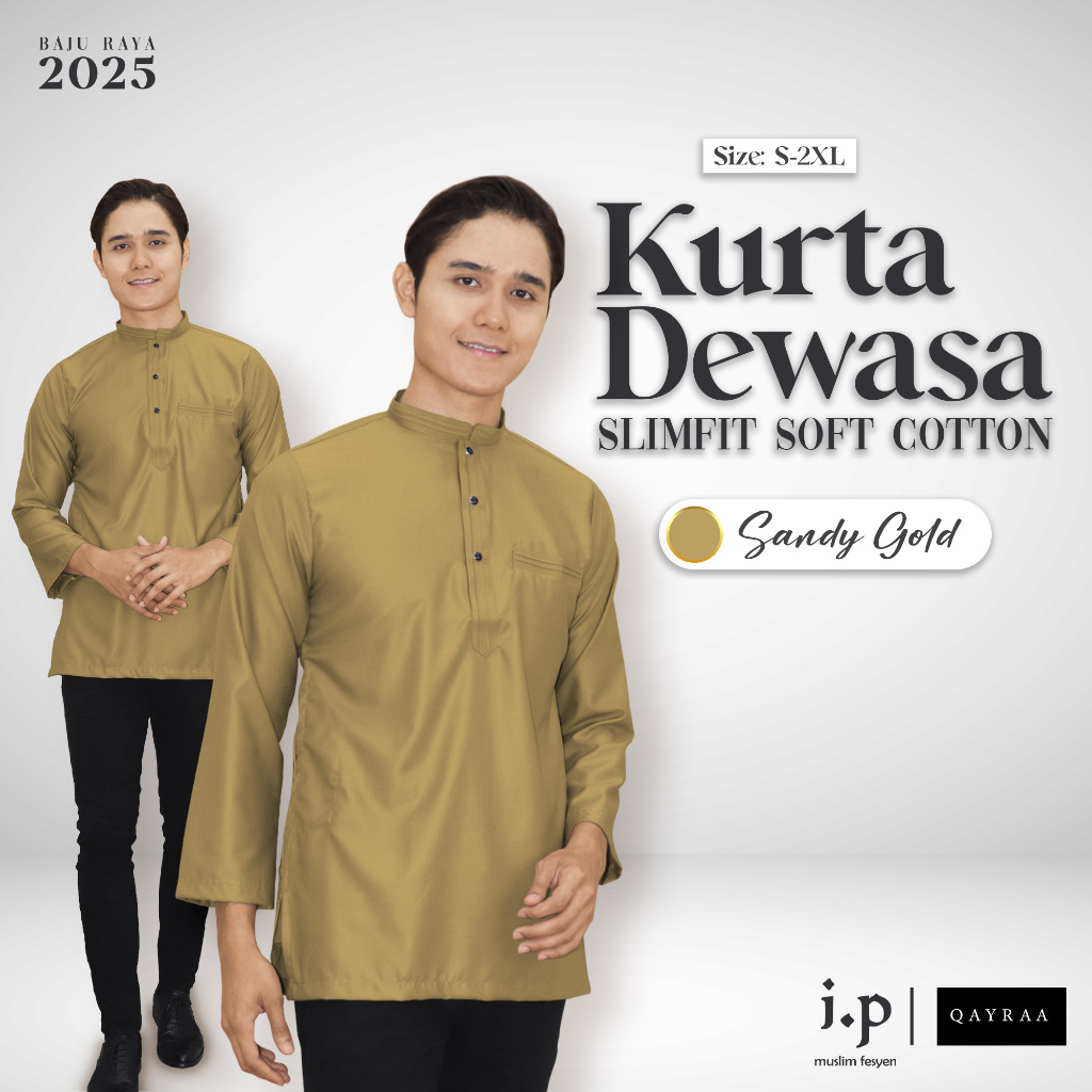 QAYRAA 2025 SANDY GOLD Baju KURTA DEWASA Lelaki Long Sleeve Slim Fit ...
