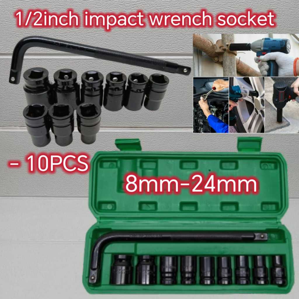 10pcs 1/2inch impact wrench socket set 8mm - 24mm wrench adapter ...