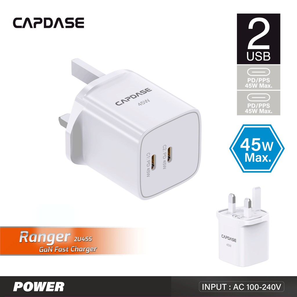 CAPDASE RANGER 2C45S_UK 45W GaN PD Wall Charger For Smartphone Devices ...