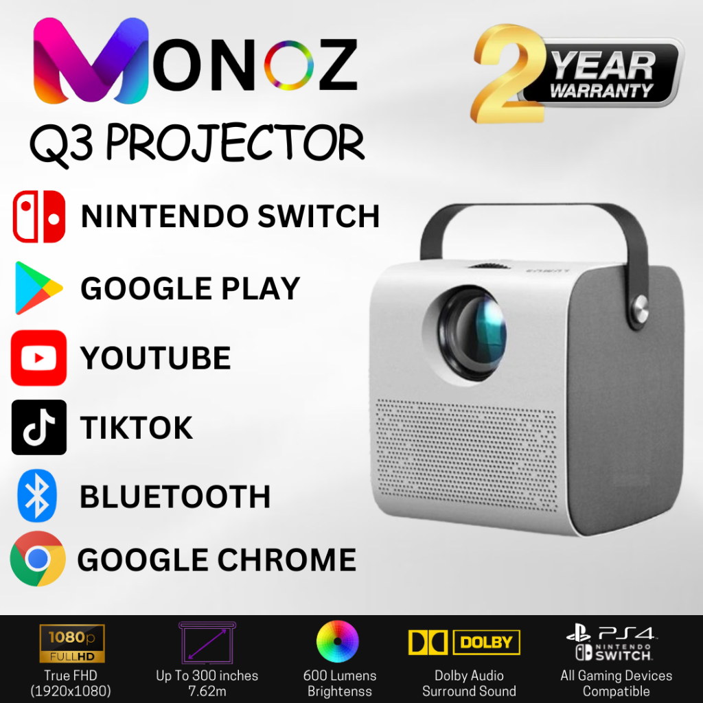 MONOZ Projector Q3 PRO Android 10 ULTRA HD 5G LED Projektor Mini Cermin ...