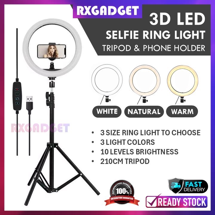 LED Selfie Stick Ring Light 26cm Live Stand 3 Tone Super Bright ...