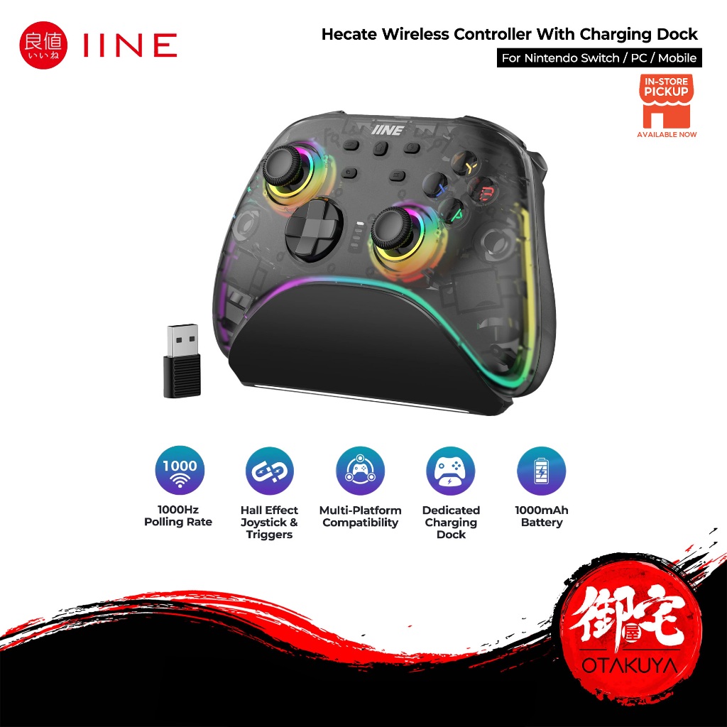 【6.6 SALE】IINE Hecate Transparent Black Hall Effect RGB Wireless Controller & Charging Dock for ...