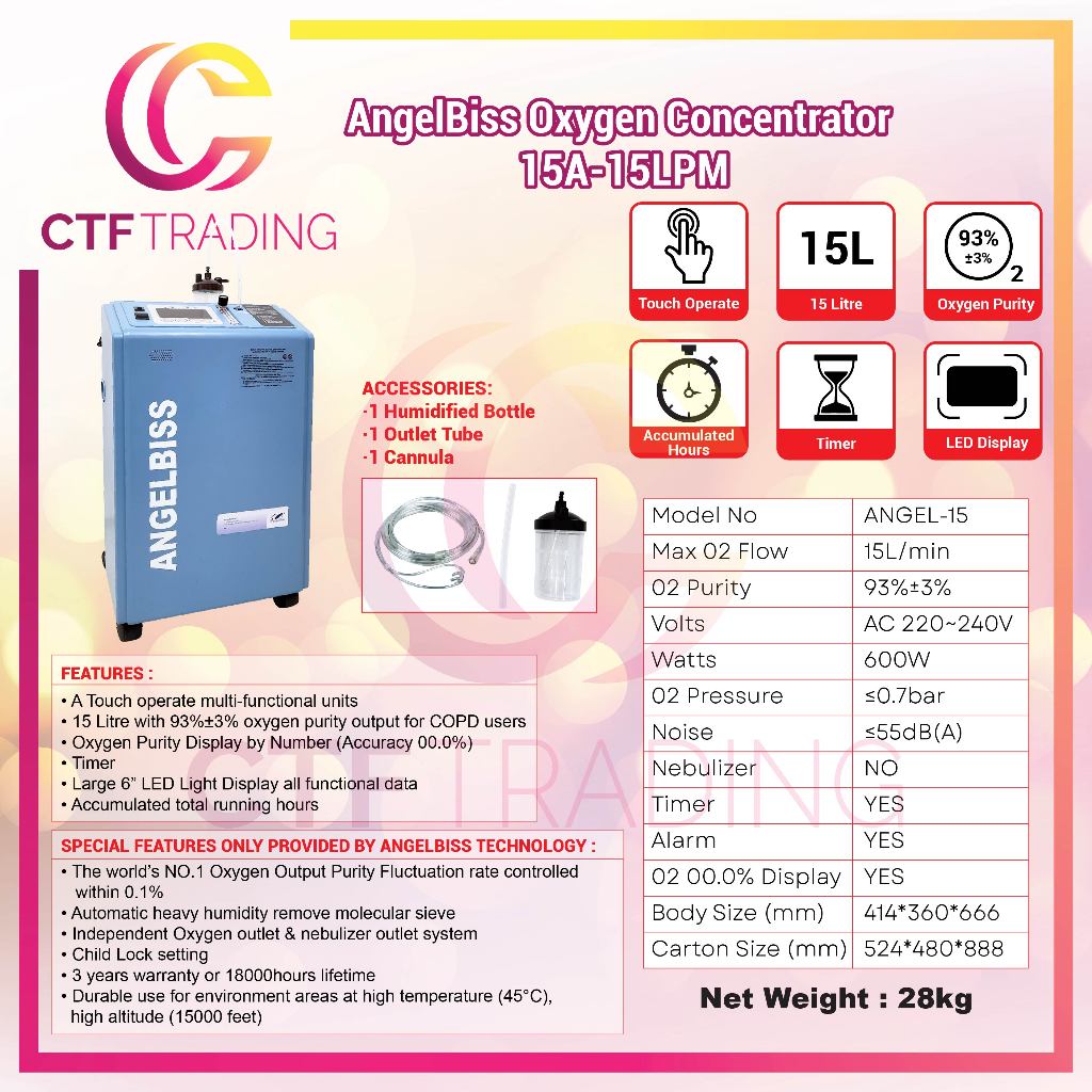 AngelBiss Oxygen Concentrator 15L High Purity for Home & Medical Use ...