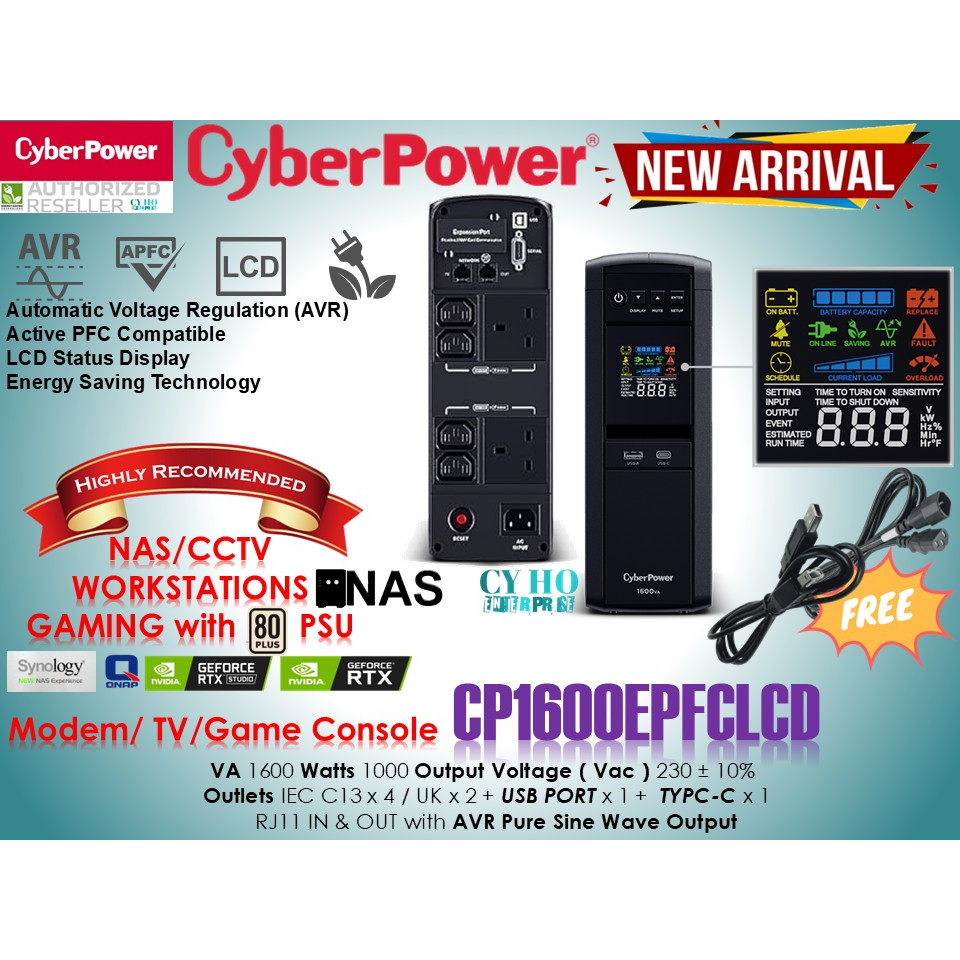 CyberPower CP1600EPFCLCD 1600VA 1000W Pure Sine Wave output safeguards ...